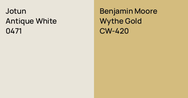 Jotun Antique White vs. Benjamin Moore Wythe Gold comparison