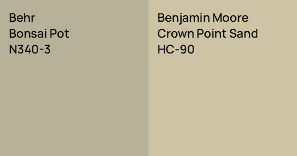 Behr Bonsai Pot vs. Benjamin Moore Crown Point Sand comparison