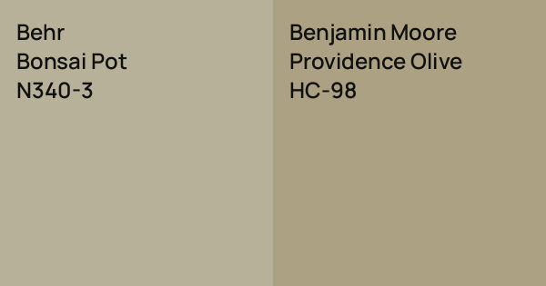 Behr Bonsai Pot vs. Benjamin Moore Providence Olive comparison