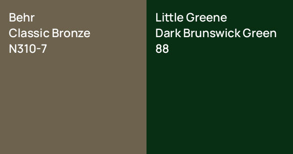 Behr Classic Bronze vs. Little Greene Dark Brunswick Green comparison