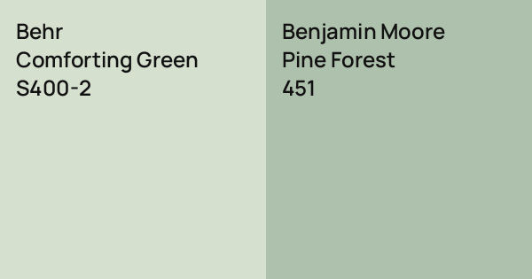 Behr Comforting Green vs. Benjamin Moore Pine Forest comparison