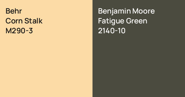 Behr Corn Stalk vs. Benjamin Moore Fatigue Green comparison