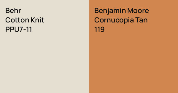 Behr Cotton Knit vs. Benjamin Moore Cornucopia Tan comparison