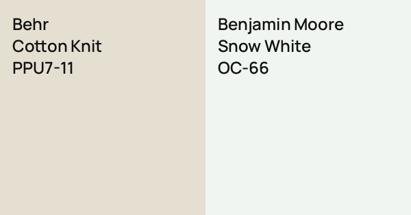Behr Cotton Knit vs. Benjamin Moore Snow White comparison