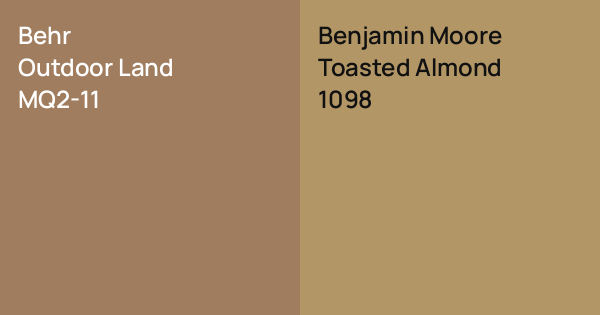 Behr Outdoor Land vs. Benjamin Moore Toasted Almond comparison