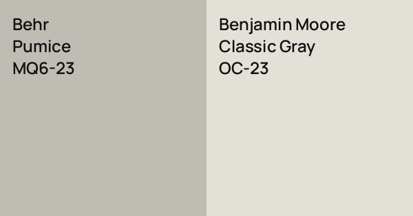 Behr Pumice vs. Benjamin Moore Classic Gray comparison