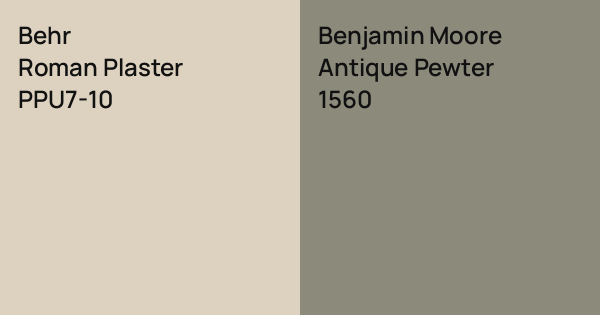 Behr Roman Plaster vs. Benjamin Moore Antique Pewter comparison
