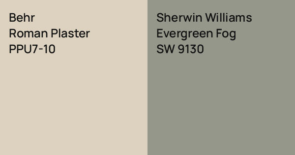 Behr Roman Plaster vs. Sherwin Williams Evergreen Fog comparison
