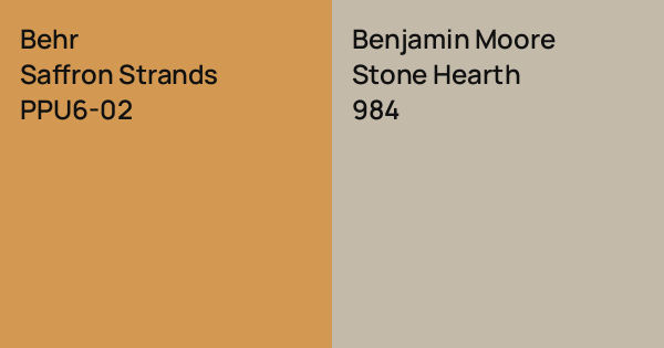 Behr Saffron Strands vs. Benjamin Moore Stone Hearth comparison