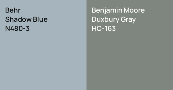 Behr Shadow Blue vs. Benjamin Moore Duxbury Gray comparison