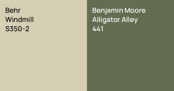Behr Windmill vs. Benjamin Moore Alligator Alley comparison
