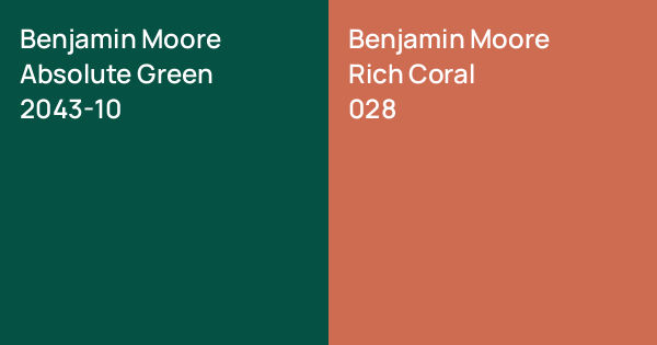 Benjamin Moore Absolute Green vs. Benjamin Moore Rich Coral comparison