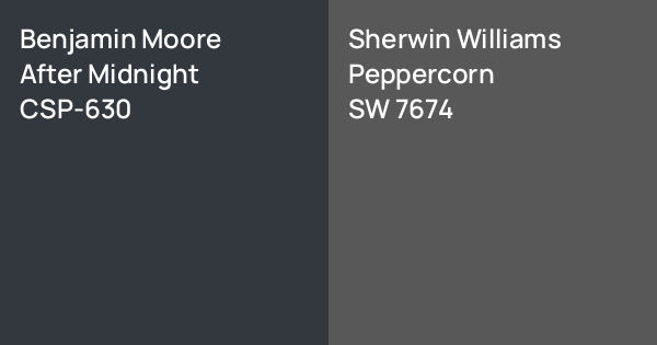 Benjamin Moore After Midnight vs. Sherwin Williams Peppercorn comparison