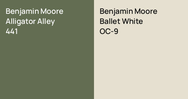 Benjamin Moore Alligator Alley vs. Benjamin Moore Ballet White comparison