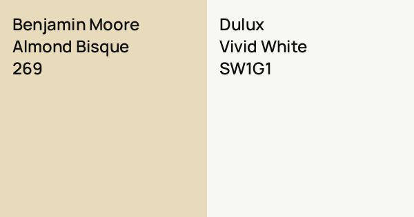 Benjamin Moore Almond Bisque vs. Dulux Vivid White comparison