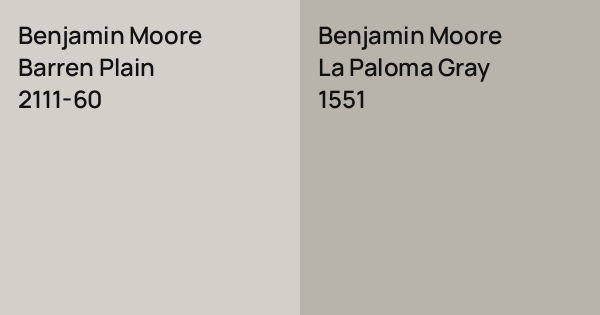 Benjamin Moore Barren Plain vs. Benjamin Moore La Paloma Gray comparison