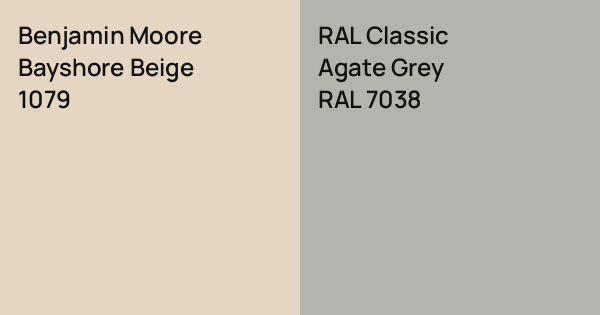 Benjamin Moore Bayshore Beige vs. RAL Classic Agate Grey comparison