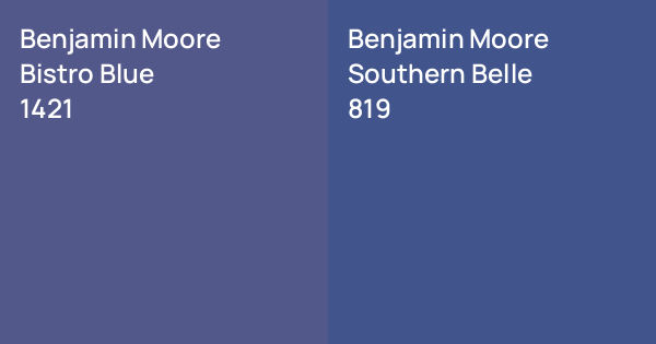 Benjamin Moore Bistro Blue vs. Benjamin Moore Southern Belle comparison