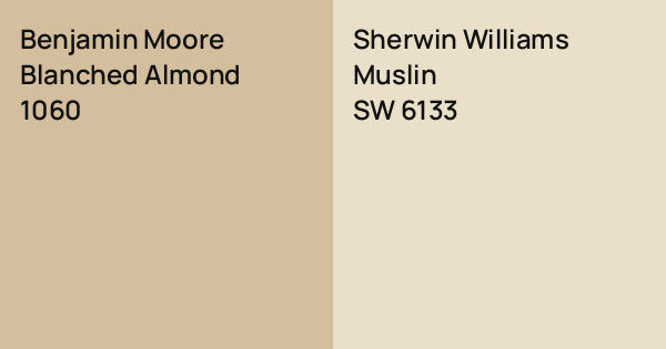 Benjamin Moore Blanched Almond vs. Sherwin Williams Muslin comparison