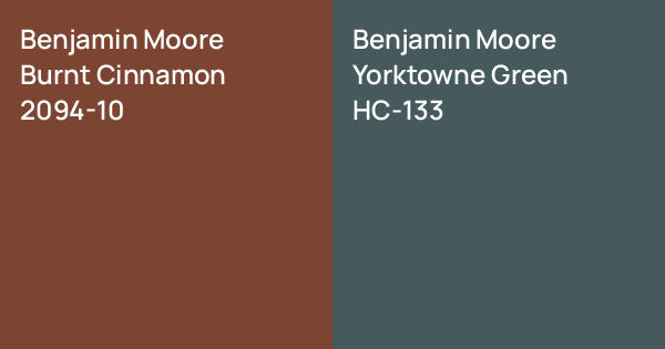 Benjamin Moore Burnt Cinnamon vs. Benjamin Moore Yorktowne Green comparison