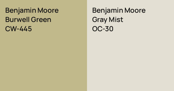 Benjamin Moore Burwell Green vs. Benjamin Moore Gray Mist comparison