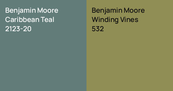 Benjamin Moore Caribbean Teal vs. Benjamin Moore Winding Vines comparison