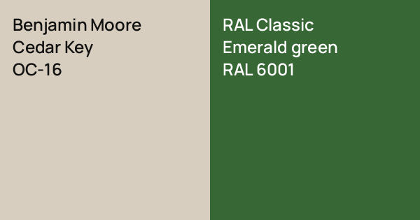 Benjamin Moore Cedar Key vs. RAL Classic Emerald green comparison