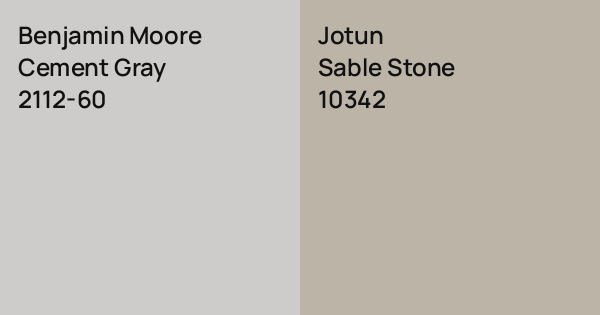 Benjamin Moore Cement Gray vs. Jotun Sable Stone comparison