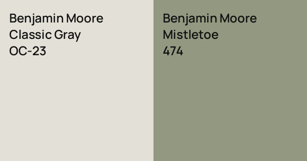Benjamin Moore Classic Gray vs. Benjamin Moore Mistletoe comparison