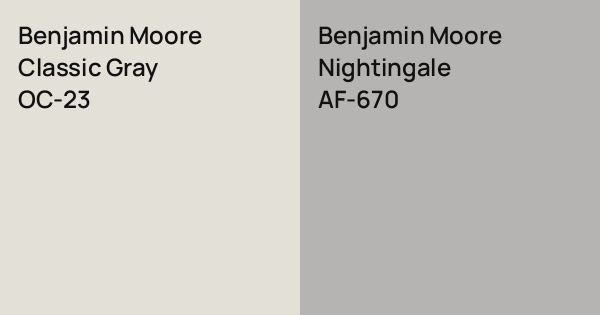 Benjamin Moore Classic Gray vs. Benjamin Moore Nightingale comparison