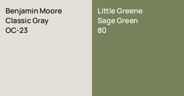 Benjamin Moore Classic Gray vs. Little Greene Sage Green comparison