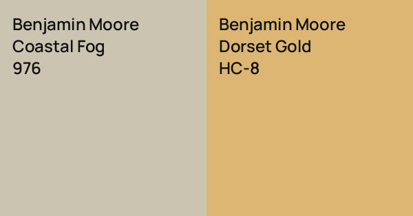 Benjamin Moore Coastal Fog vs. Benjamin Moore Dorset Gold comparison