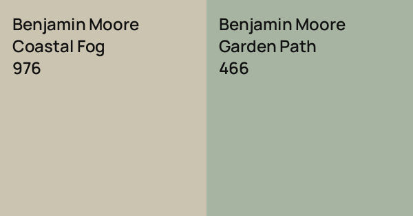 Benjamin Moore Coastal Fog vs. Benjamin Moore Garden Path comparison