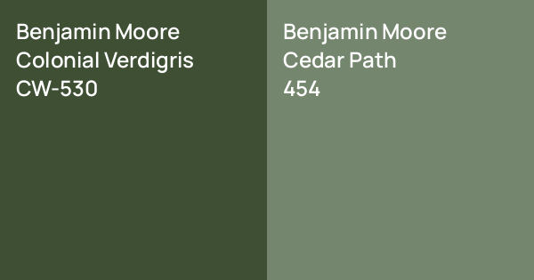 Benjamin Moore Colonial Verdigris vs. Benjamin Moore Cedar Path comparison