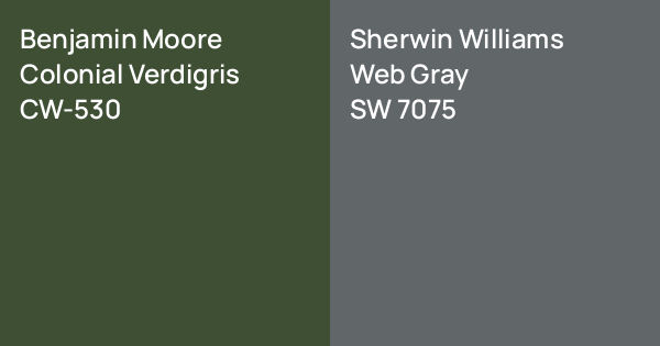 Benjamin Moore Colonial Verdigris vs. Sherwin Williams Web Gray comparison