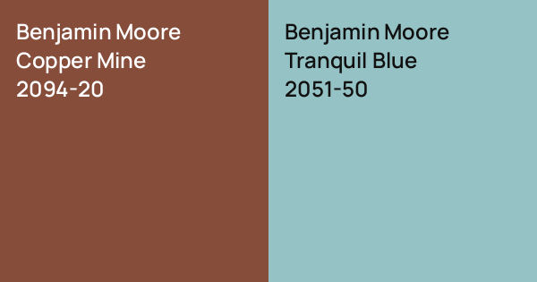 Benjamin Moore Copper Mine vs. Benjamin Moore Tranquil Blue comparison