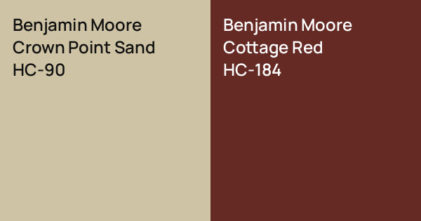 Benjamin Moore Crown Point Sand vs. Benjamin Moore Cottage Red comparison