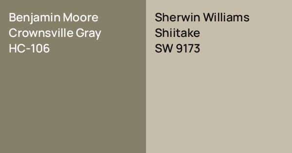 Benjamin Moore Crownsville Gray vs. Sherwin Williams Shiitake comparison