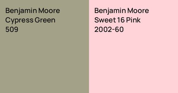 Benjamin Moore Cypress Green vs. Benjamin Moore Sweet 16 Pink comparison