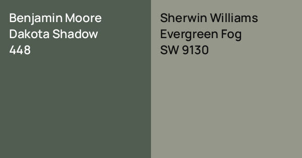 Benjamin Moore Dakota Shadow vs. Sherwin Williams Evergreen Fog comparison