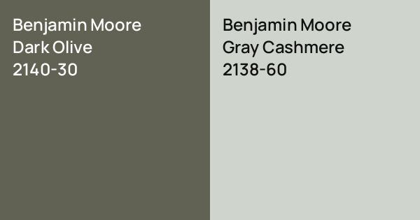 Benjamin Moore Dark Olive vs. Benjamin Moore Gray Cashmere comparison