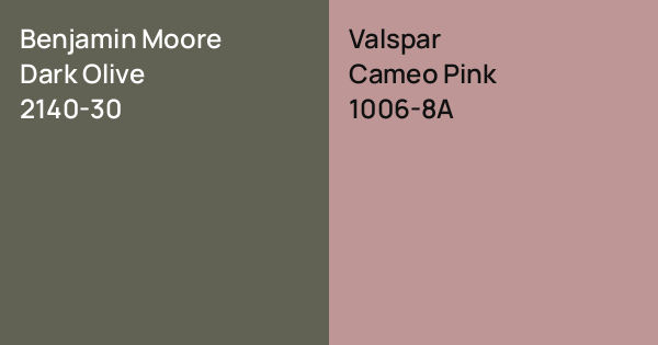 Benjamin Moore Dark Olive vs. Valspar Cameo Pink comparison