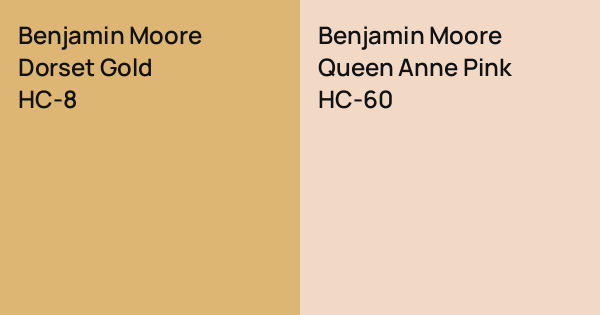 Benjamin Moore Dorset Gold vs. Benjamin Moore Queen Anne Pink comparison