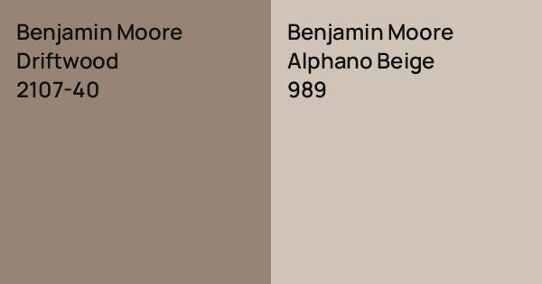 Benjamin Moore Driftwood vs. Benjamin Moore Alphano Beige comparison