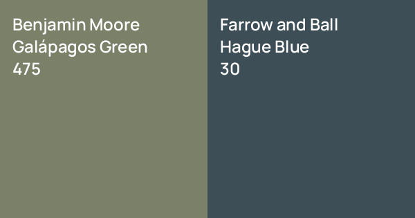 Benjamin Moore Galápagos Green vs. Farrow and Ball Hague Blue comparison