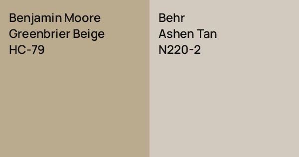 Benjamin Moore Greenbrier Beige vs. Behr Ashen Tan comparison