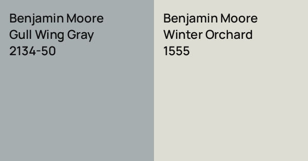 Benjamin Moore Gull Wing Gray vs. Benjamin Moore Winter Orchard comparison
