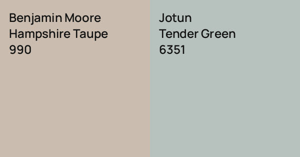 Benjamin Moore Hampshire Taupe vs. Jotun Tender Green comparison