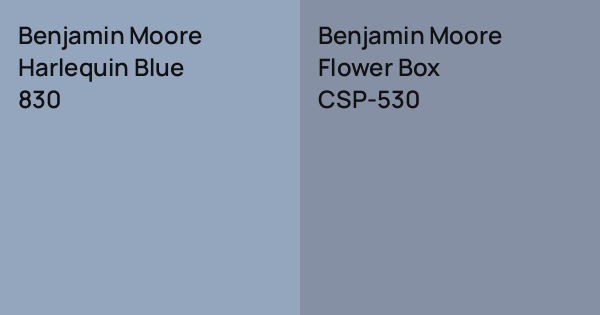Benjamin Moore Harlequin Blue vs. Benjamin Moore Flower Box comparison