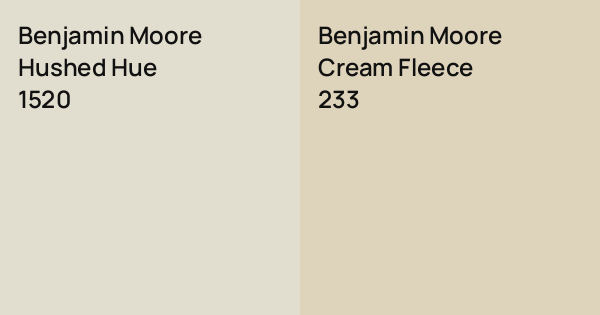 Benjamin Moore Hushed Hue vs. Benjamin Moore Cream Fleece comparison
